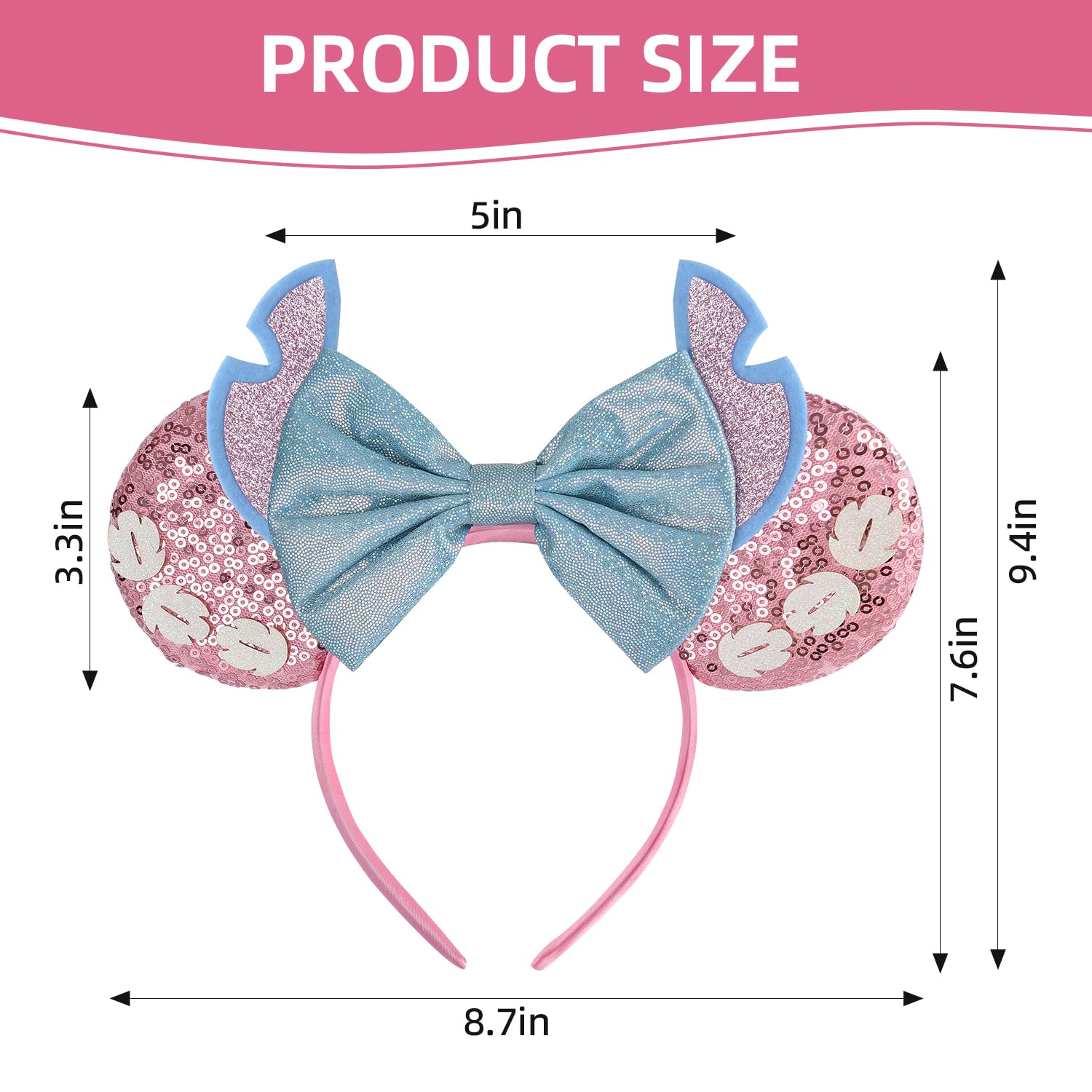 Seamoy Pink Stitch Headband, Minnie Ears, for Women Girls, One Size, Plastic, Nylon, Hairband, Unisex, 1 Count