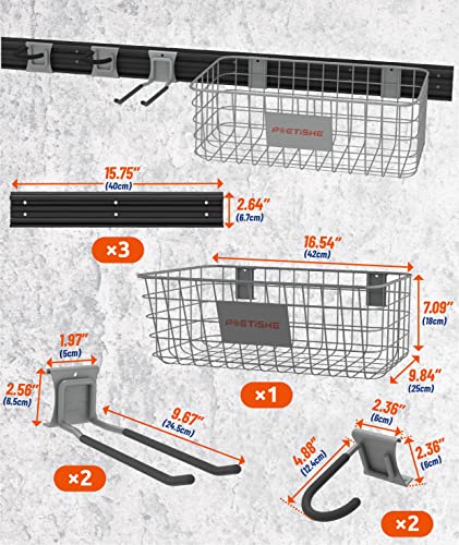 POETISKE Garage Tool Organizer Wall Mount 2PC Heavy Duty Hook 2PC Bike Hook 1PC Mesh Basket 3PC Utility Rack Max Capacity 480LBS Holding Folding Chairs Garden Tools Ladder Broom Mop etc