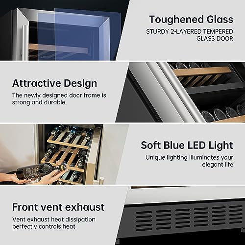 KingChii 15 Inch 26 Bottle Dual Zone Wine Cooler Refrigerator Professional Compressor, Stainless Steel & Tempered Glass For Red Wine, Champagne - Built-in or Freestanding for Home, Kitchen, or Office