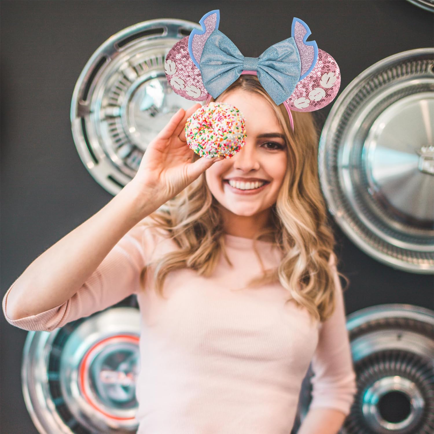 Seamoy Pink Stitch Headband, Minnie Ears, for Women Girls, One Size, Plastic, Nylon, Hairband, Unisex, 1 Count