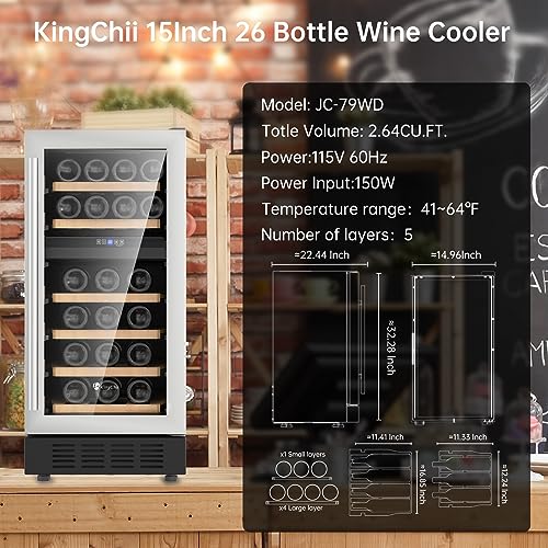 KingChii 15 Inch 26 Bottle Dual Zone Wine Cooler Refrigerator Professional Compressor, Stainless Steel & Tempered Glass For Red Wine, Champagne - Built-in or Freestanding for Home, Kitchen, or Office