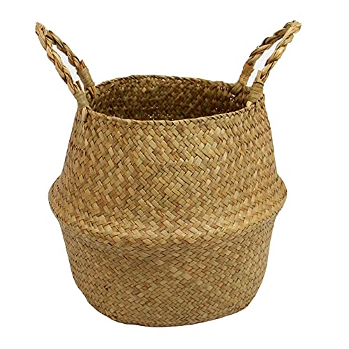 Casaphoria Woven Seagrass Belly Basket for Storage Plant Pot Indoorb,Decorative Sturdy and Durable Natural Material Sea Grass Baskets with Handles,Seaweed Round Basket for Organizing(Small)