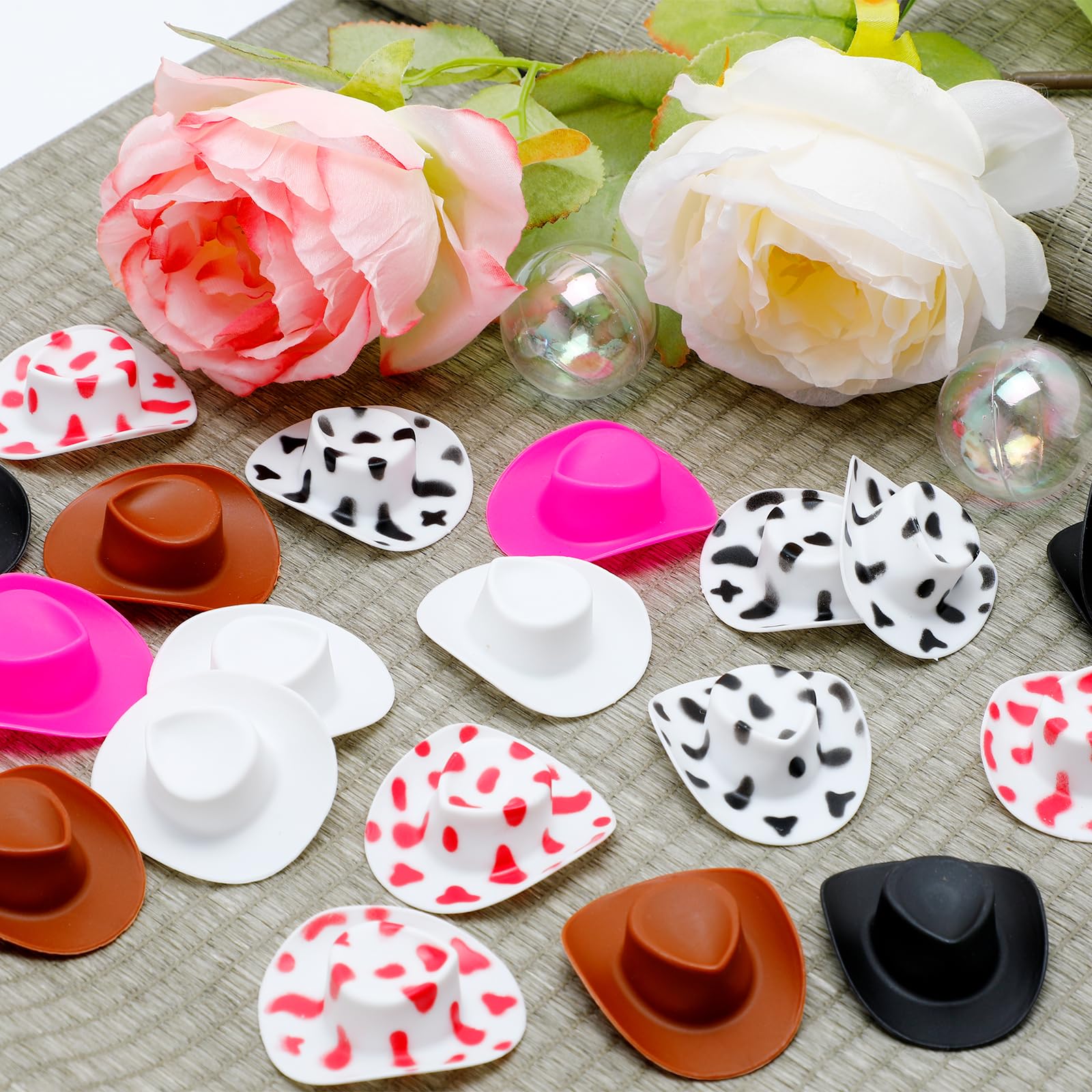 Gaprumi 50 Pcs Mini Plastic Cowboy Hat Western Style Tiny Cowboy Hat for DIY Crafts Bottle Decoration Party Supplies (Pink,White,Black,Brown,Cow)