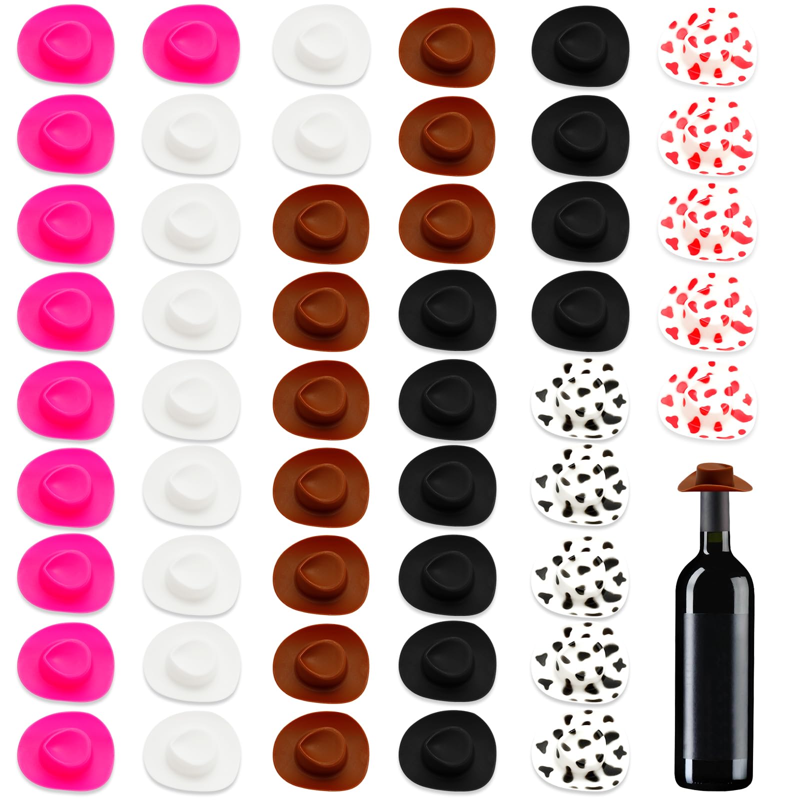Gaprumi 50 Pcs Mini Plastic Cowboy Hat Western Style Tiny Cowboy Hat for DIY Crafts Bottle Decoration Party Supplies (Pink,White,Black,Brown,Cow)