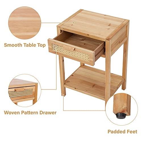 COZAYH Set of 2 Modern Minimalism Nightstand End Table Side Table with Woven Pattern Drawer and Shelf Storage, Rustic Farmhouse Style, Natural