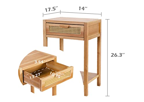 COZAYH Set of 2 Modern Minimalism Nightstand End Table Side Table with Woven Pattern Drawer and Shelf Storage, Rustic Farmhouse Style, Natural