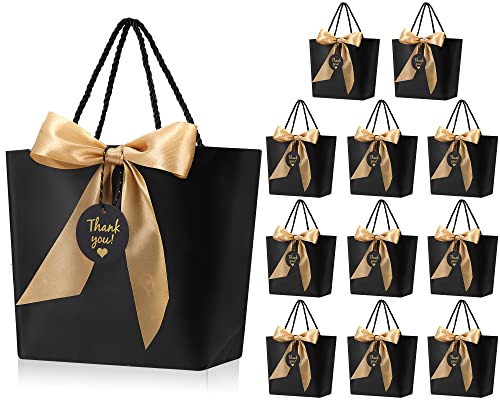 12 Pieces Bridal Gift Paper Bags with Handle for Bridesmaids, Bow Ribbon Bridal Shower Bags for Guests, with Heat Transfer Gift Tags for Anniversary Wedding Party Holiday Presents Wrapping (Black)
