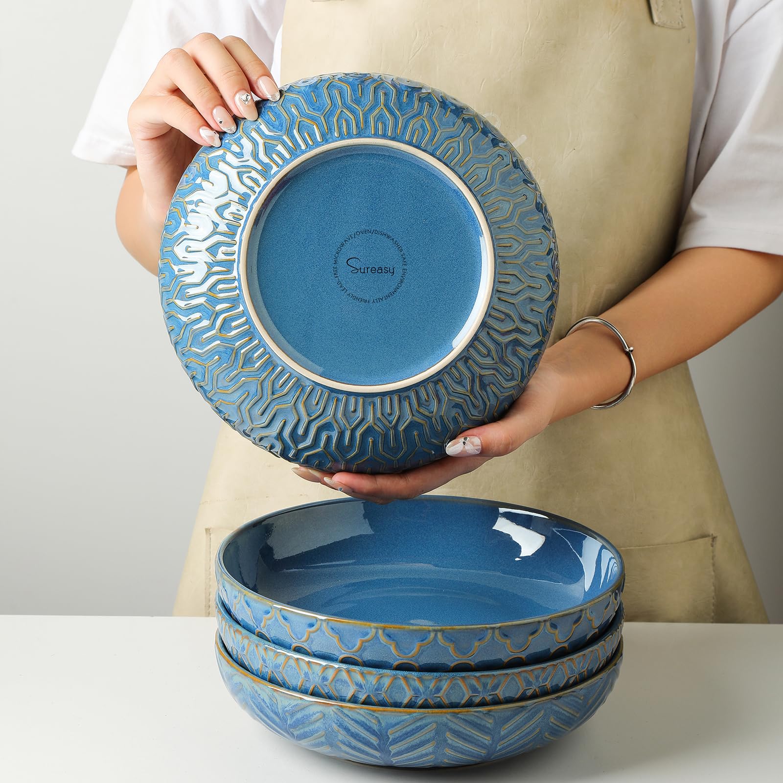 Sureasy Ceramic Pasta Bowls, 30oz Large Salad Bowl, 8.5 inch Embossed Serving Bowl for Kitchen, Wide and Shallow Plates Bowls Set of 4, Microwave, Oven and Dishwasher Safe, Gifts, Blue