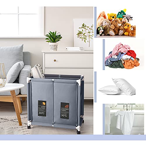 2-Tier Laundry Hamper 110L Large Oxford Clothes Basket Sorter with Rolling Wheels, Lid and Sorting Cards for Clothes & Toys Storage, Grey HG615