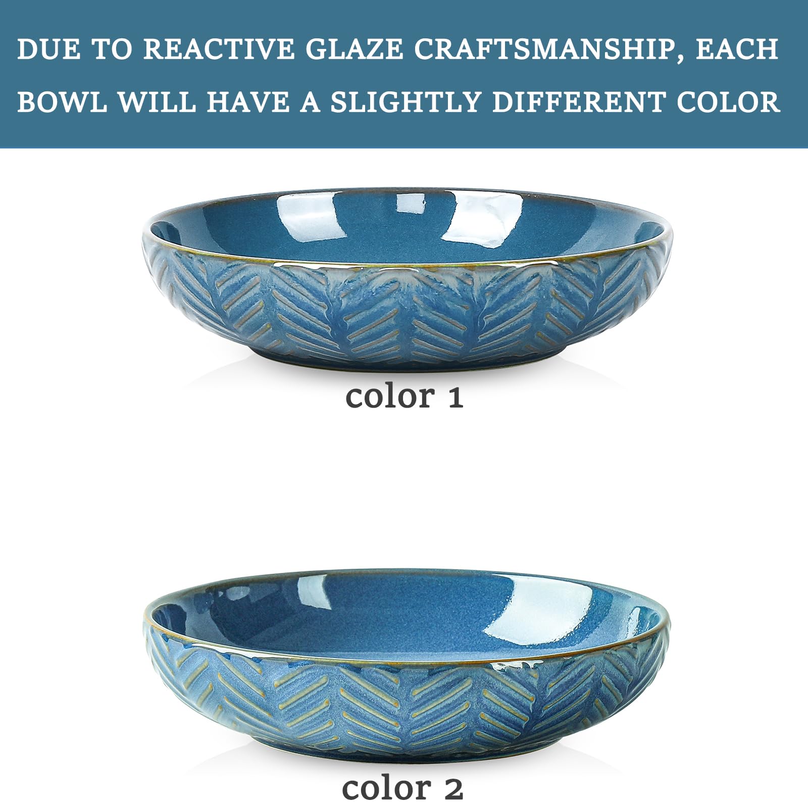 Sureasy Ceramic Pasta Bowls, 30oz Large Salad Bowl, 8.5 inch Embossed Serving Bowl for Kitchen, Wide and Shallow Plates Bowls Set of 4, Microwave, Oven and Dishwasher Safe, Gifts, Blue