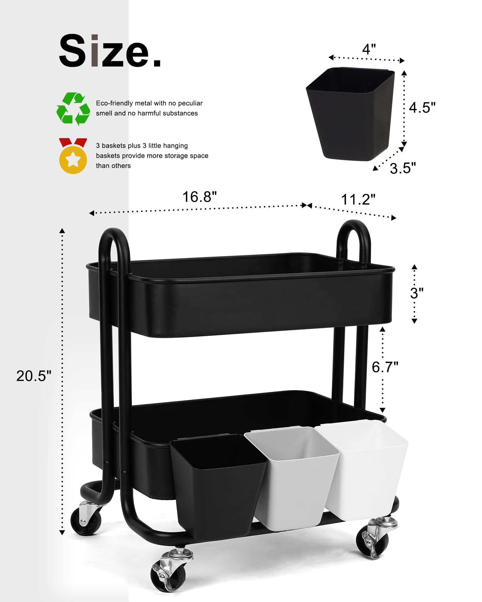 2-Tier Rolling Cart with Wheels, G-Hemobel Metal Utility Cart with 3 Hanging Cups and 2 Lockable Wheels, Organizer Cart with Multi-Functional Storage, Black