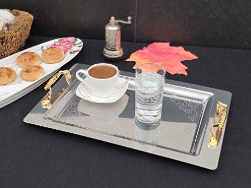 Candymosa Silver Serving Tray with Handles (14βx9β) - Stainless Steel Serving Tray for Drinks and Food - Silver Tray Decorative - Ideal as a Coffee Tray, Bar Tray, Silver Platter or Turkish Tray