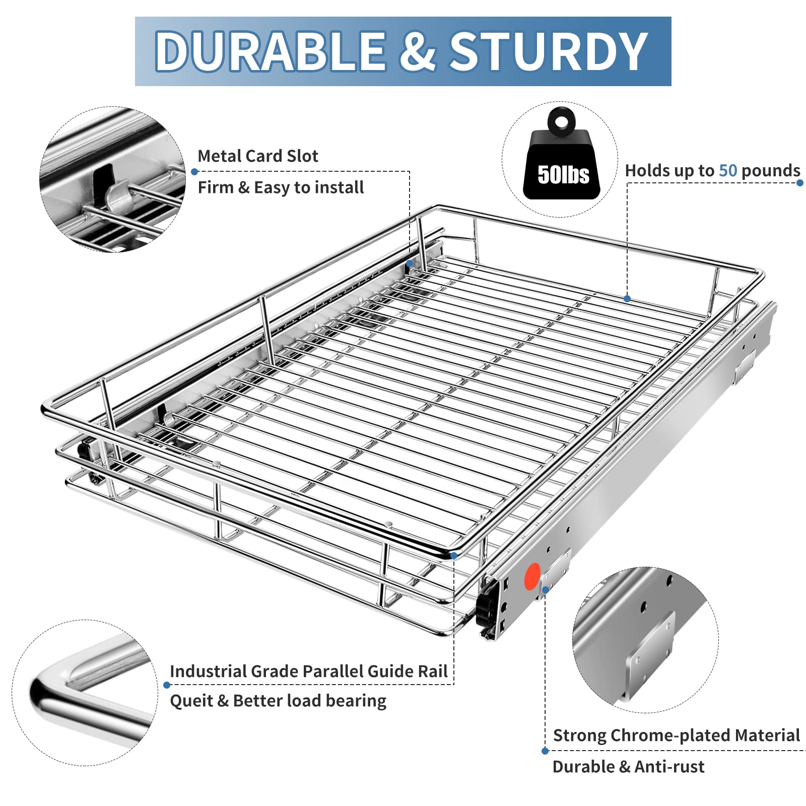 Fineera Pull Out Cabinet Drawer Organizer Sliding Drawer Storage Heavy Duty Slide Out Pantry Shelves for Home and Kitchen, 14'' W x 21'' D, Requires at Least 15-1/4'' Cabinet Opening