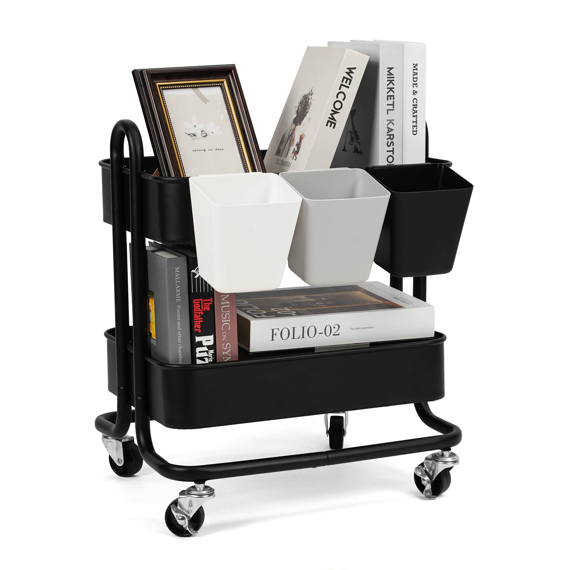 2-Tier Rolling Cart with Wheels, G-Hemobel Metal Utility Cart with 3 Hanging Cups and 2 Lockable Wheels, Organizer Cart with Multi-Functional Storage, Black