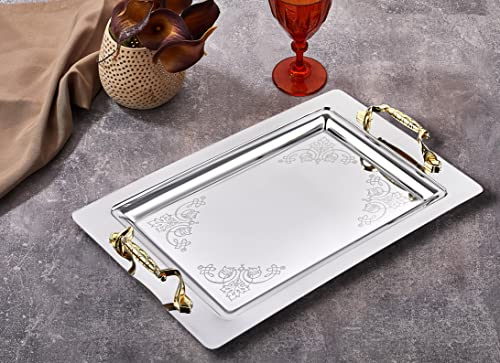 Candymosa Silver Serving Tray with Handles (14βx9β) - Stainless Steel Serving Tray for Drinks and Food - Silver Tray Decorative - Ideal as a Coffee Tray, Bar Tray, Silver Platter or Turkish Tray