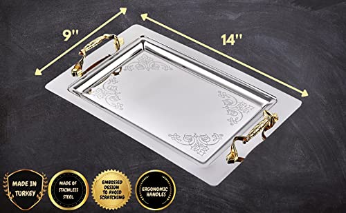 Candymosa Silver Serving Tray with Handles (14βx9β) - Stainless Steel Serving Tray for Drinks and Food - Silver Tray Decorative - Ideal as a Coffee Tray, Bar Tray, Silver Platter or Turkish Tray