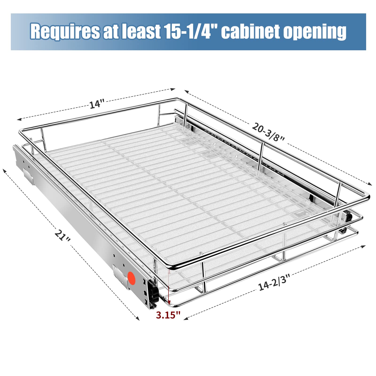 Fineera Pull Out Cabinet Drawer Organizer Sliding Drawer Storage Heavy Duty Slide Out Pantry Shelves for Home and Kitchen, 14'' W x 21'' D, Requires at Least 15-1/4'' Cabinet Opening