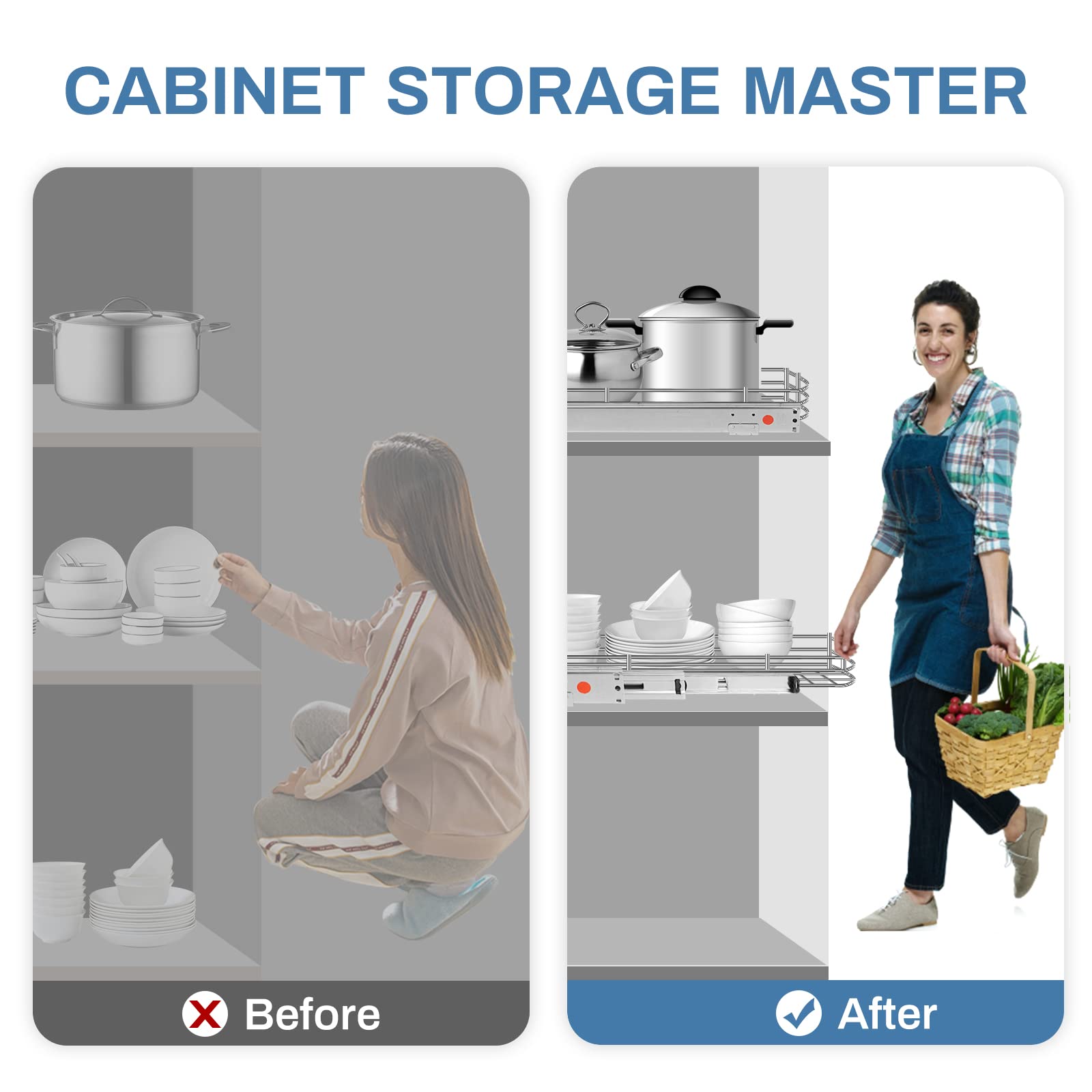 Fineera Pull Out Cabinet Drawer Organizer Sliding Drawer Storage Heavy Duty Slide Out Pantry Shelves for Home and Kitchen, 14'' W x 21'' D, Requires at Least 15-1/4'' Cabinet Opening