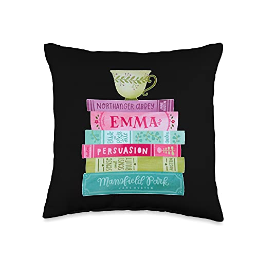 Jane Austen Cool Gifts Tees Funny Jane Austen Book Stack Tea Fans Vintage Literary Throw Pillow, 16x16, Multicolor