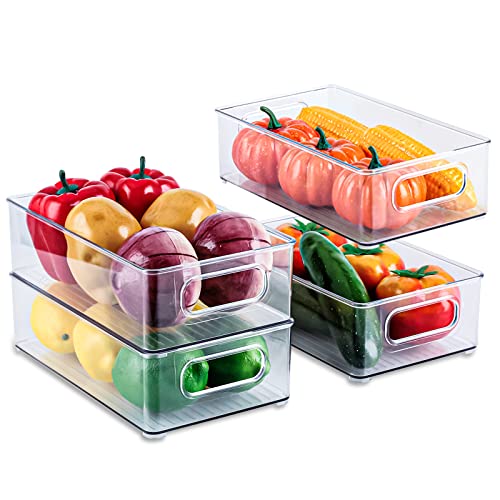 Refrigerator Organizer Bins,Kstkry 4 Piece Transparent Kitchen Storage Box Adaptable To Freezer Kitchen Cabinet Pantry Food Storage Shelf Beverage Fruit Canned Goods Vegetables Cheese(BPA free)