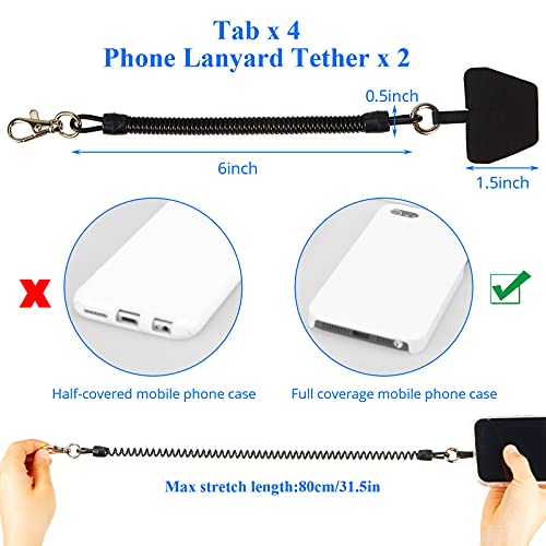 2 Pieces Phone Lanyard Tether with Patch Set, Universal Stretchy Lasso Straps Cell Phone Safety Tether Phone Strap and Durable Adhesive Pad Phone Patch Compatible with Most Smartphones (Black)