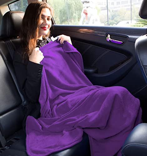 BlueHills Premium Soft Travel Blanket Pillow Value Pack Set of 2 - Airplane Flight Blanket Throw in Soft Bag with Luggage Belt Compact Pack Large Blanket for Travel Navy Blue and Purple Colors