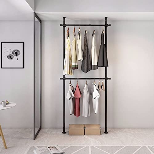 ZHFEISY 2 Tier Clothes Rack, Adjustable Clothing Rack for Hanging Clothes, Heavy Duty Free-Standing Garment Racks,Floor to Ceiling Clothes Hanger Closet System for Bedroom Laundry Room, Black
