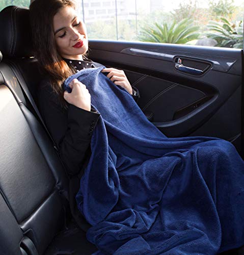 BlueHills Premium Soft Travel Blanket Pillow Value Pack Set of 2 - Airplane Flight Blanket Throw in Soft Bag with Luggage Belt Compact Pack Large Blanket for Travel Navy Blue and Purple Colors
