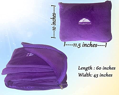 BlueHills Premium Soft Travel Blanket Pillow Value Pack Set of 2 - Airplane Flight Blanket Throw in Soft Bag with Luggage Belt Compact Pack Large Blanket for Travel Navy Blue and Purple Colors