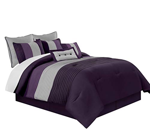 Chezmoi Collection Loft 8-Piece Luxury Striped Comforter Set (Queen, Purple/Gray/Lavender)