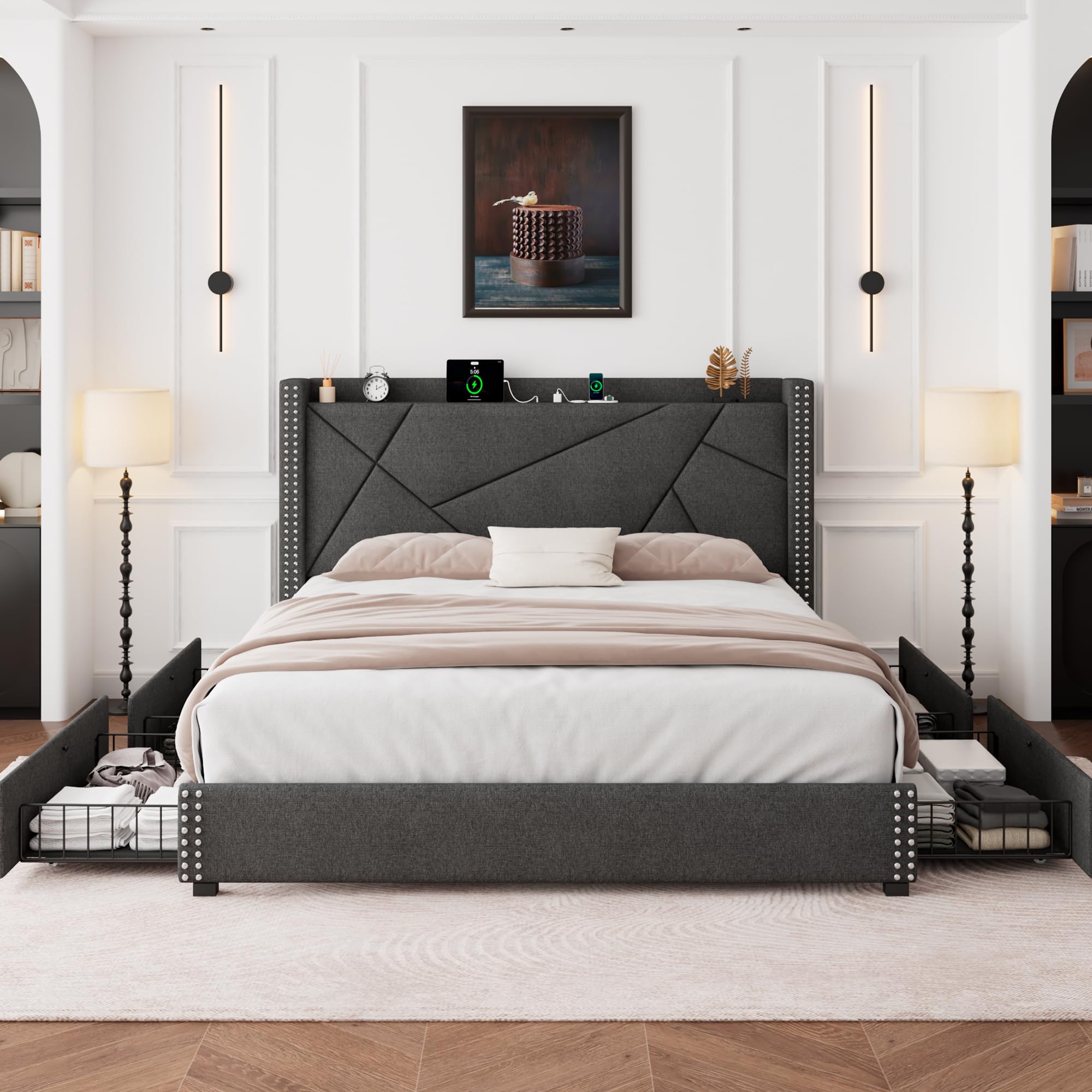 Feonase King Size Bed Frame with 4 Storage Drawers, Upholstered Platform Bed Frame with Charging Station & Wingback Headboard, Solid Wood Slats Support, No Box Spring Needed, Noise-Free, Dark Gray