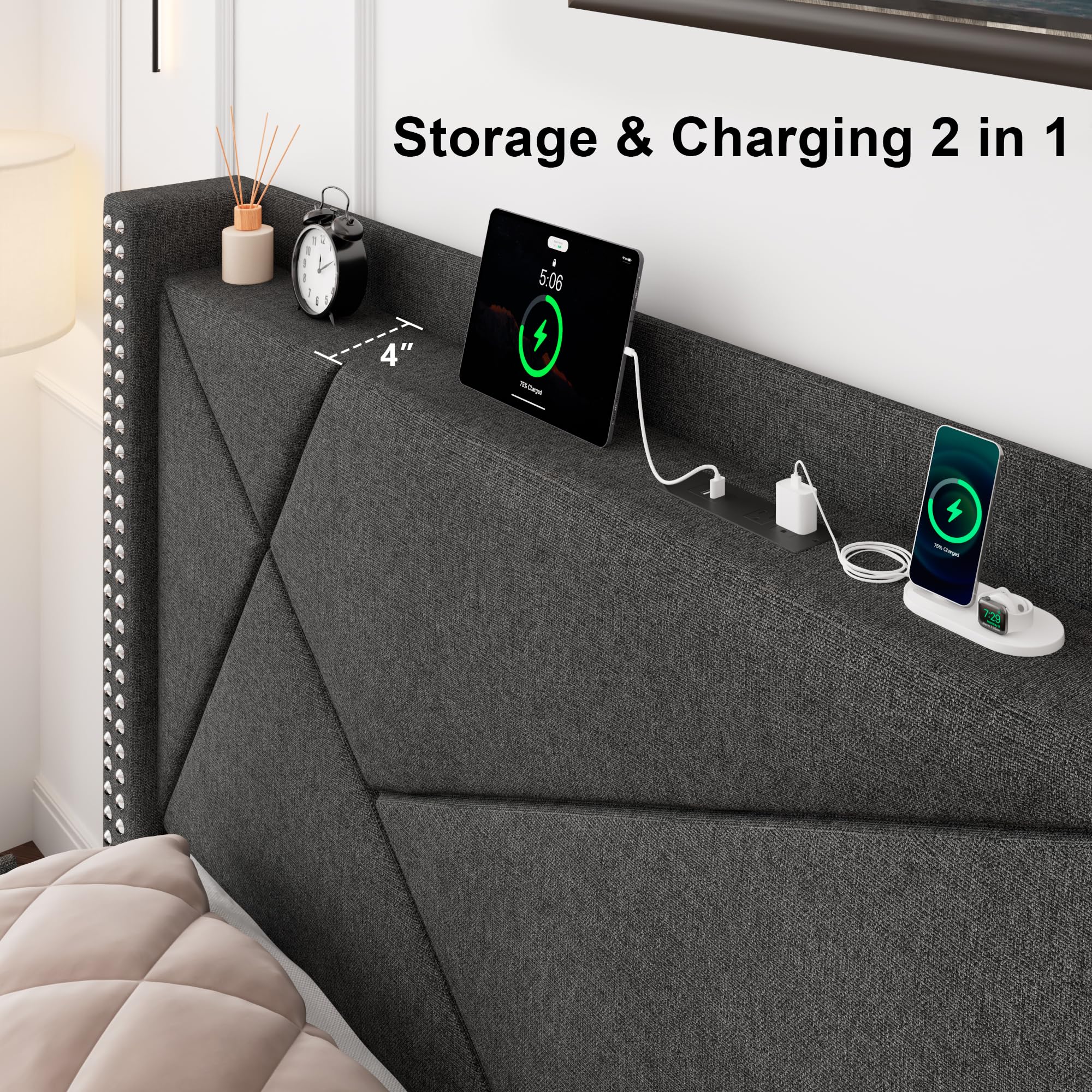 Feonase King Size Bed Frame with 4 Storage Drawers, Upholstered Platform Bed Frame with Charging Station & Wingback Headboard, Solid Wood Slats Support, No Box Spring Needed, Noise-Free, Dark Gray