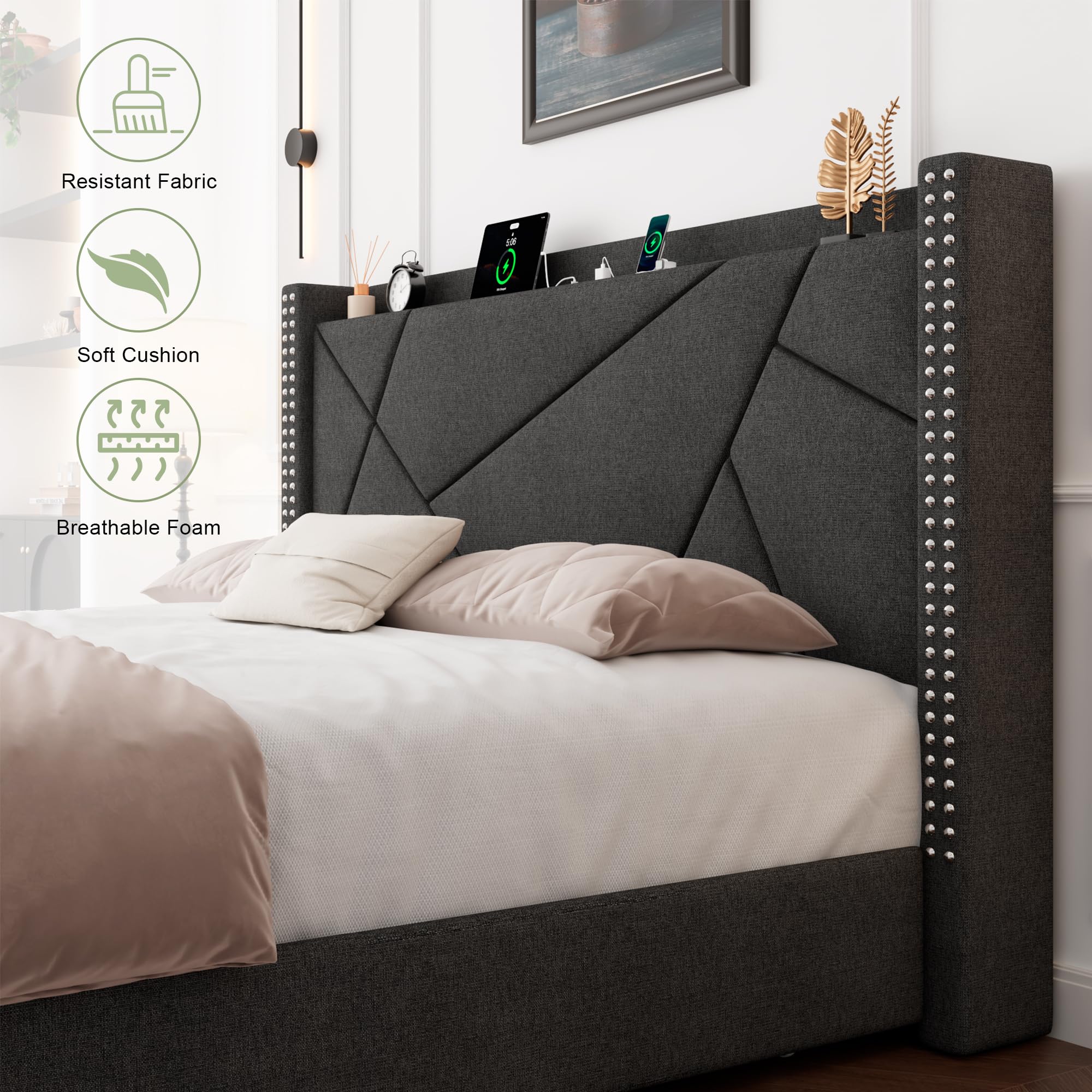 Feonase King Size Bed Frame with 4 Storage Drawers, Upholstered Platform Bed Frame with Charging Station & Wingback Headboard, Solid Wood Slats Support, No Box Spring Needed, Noise-Free, Dark Gray