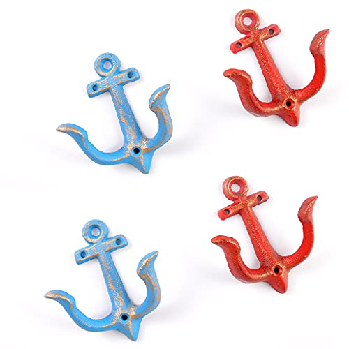 2 Pcs Rustic NauticalĀ Anchor Design Wall Hooks with Screws Expansion Tube, Rustic Cast Iron Wall Mounted Hangers, Vintage Coat Rack Bathroom Towel Hook/Key Holder/Kitchen & Home Storage Hooks(Blue)