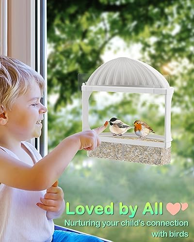 Ermete Durable Metal Bird Window Feeder with Seed Tray and Strong Suction Cups - Window Bird Watching Gift, White