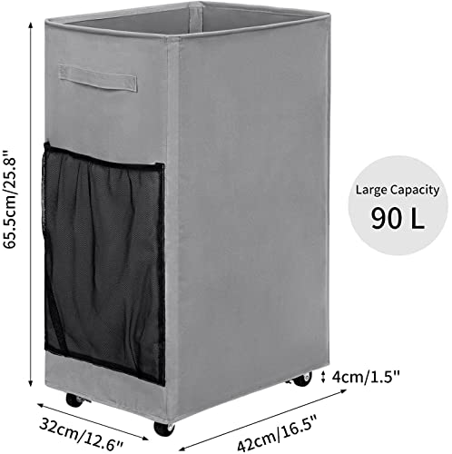 Chrislley 90L Rolling Laundry Basket Large Laundry Hamper with Wheels Collapsible Clothes Hamper Rolling Tall Laundry Storage Cart Foldable Clothes Organizer (Grey)