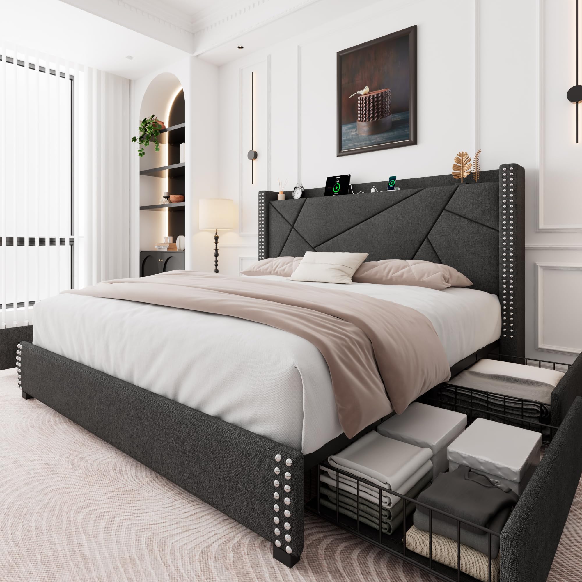 Feonase King Size Bed Frame with 4 Storage Drawers, Upholstered Platform Bed Frame with Charging Station & Wingback Headboard, Solid Wood Slats Support, No Box Spring Needed, Noise-Free, Dark Gray
