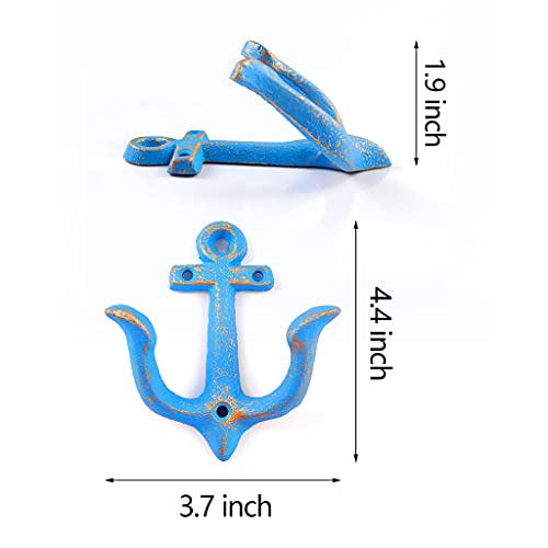 2 Pcs Rustic NauticalĀ Anchor Design Wall Hooks with Screws Expansion Tube, Rustic Cast Iron Wall Mounted Hangers, Vintage Coat Rack Bathroom Towel Hook/Key Holder/Kitchen & Home Storage Hooks(Blue)