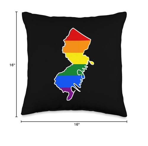 New Jersey Map USA State Rainbow Pride Flag Map USA State New Jersey Rainbow Flag Pride Month Throw Pillow, 16x16, Multicolor