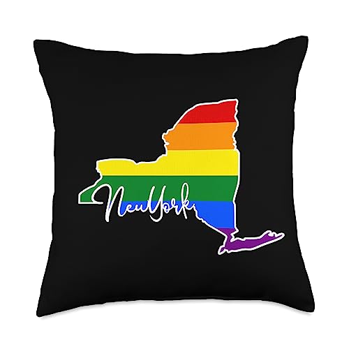 New York Map USA State Rainbow Pride Flag Map USA State New York Rainbow Flag Pride Month Throw Pillow, 18x18, Multicolor