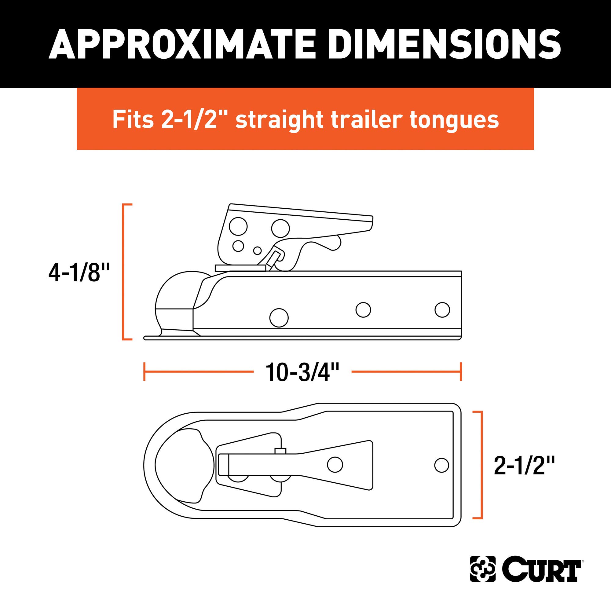 CURT 25135 Straight Tongue Trailer Coupler for 2-1/2-Inch Channel, 2-In Hitch Ball, 3,500 lbs, CLEAR ZINC