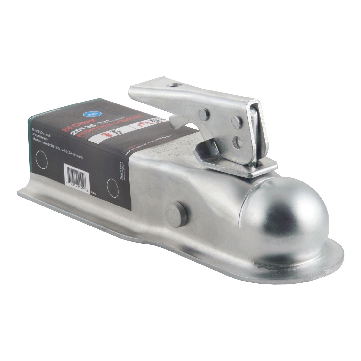 CURT 25135 Straight Tongue Trailer Coupler for 2-1/2-Inch Channel, 2-In Hitch Ball, 3,500 lbs, CLEAR ZINC
