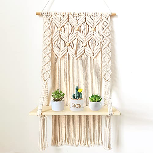 Macrame Wall Shelves Hanging Shelves,Floating Shelves Boho Rustic Decor,Wood Shelves for Bedroom,Bathroom,Living Room (Wooden Beads)