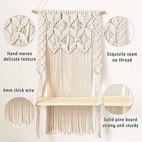 Macrame Wall Shelves Hanging Shelves,Floating Shelves Boho Rustic Decor,Wood Shelves for Bedroom,Bathroom,Living Room (Wooden Beads)