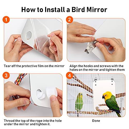 7ββ Bird Mirror Coolrunner Mirror for Bird Cage Bird Mirror for Parakeets Cage Cockatiels Conures Cage Bird Parrot Mirror with Rope Parrot
