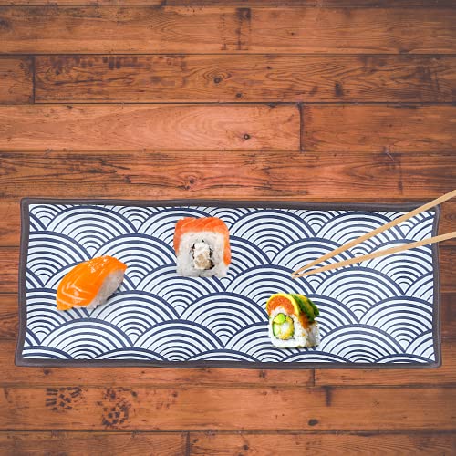 White and Blue Seigaiha Patterned Melamine Rectangular Serving Platter, Sushi Plate and H'orderve Trays Dinnerware for Parties, 10.75 x 4.25 Inches