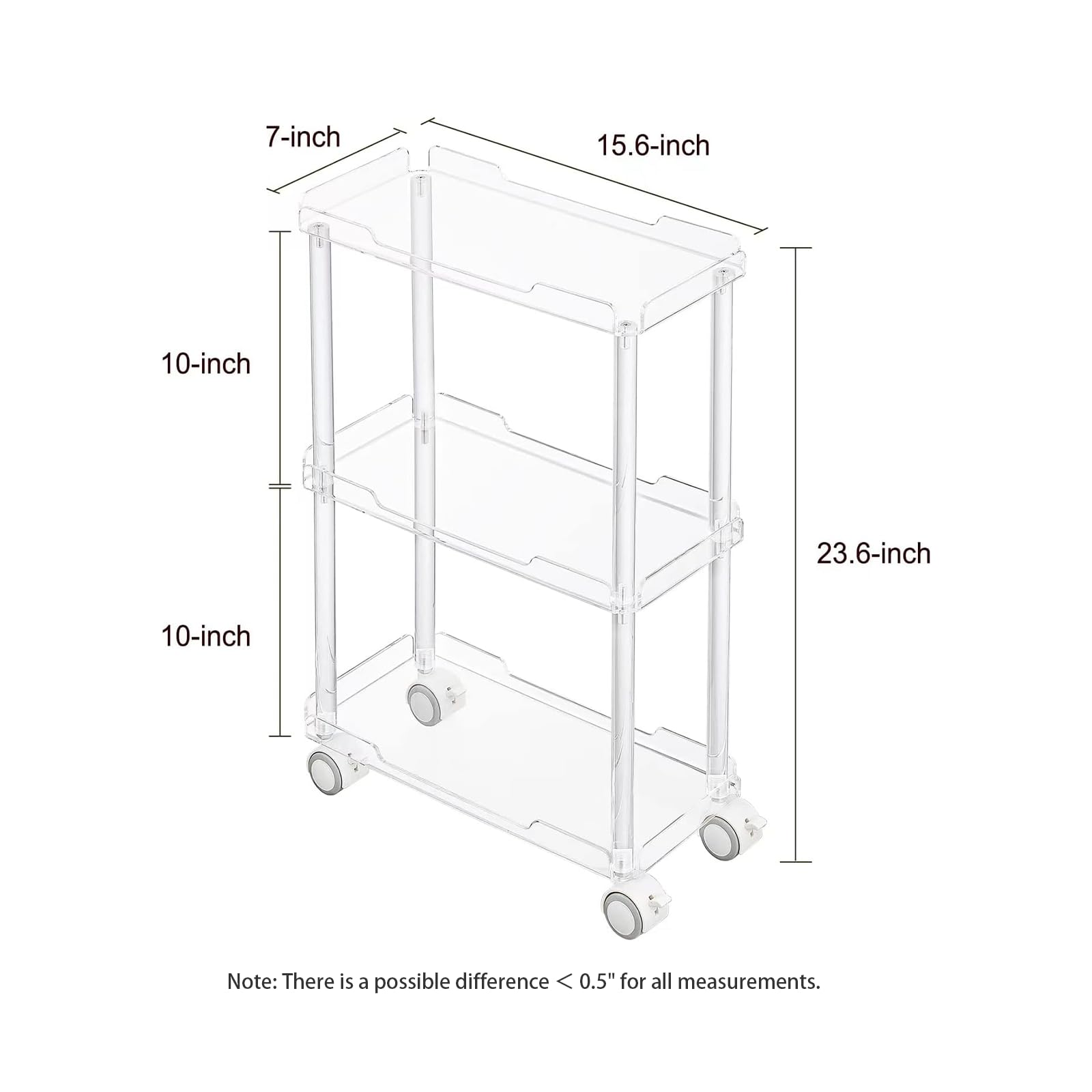 KSacry Acrylic Utility Carts - 3 Tier Rolling Side Table for Small Spaces, Acrylic Rolling Cart for Bathroom, Laundry Room, Bedroom,Living Room, Office -15.6'' L x 7'' W x 24'' H