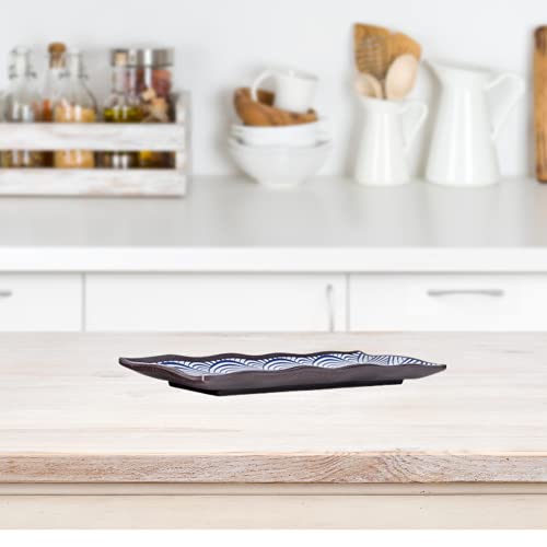 White and Blue Seigaiha Patterned Melamine Rectangular Serving Platter, Sushi Plate and H'orderve Trays Dinnerware for Parties, 10.75 x 4.25 Inches