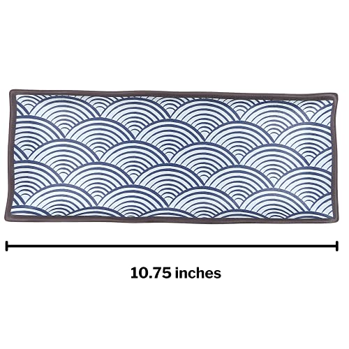 White and Blue Seigaiha Patterned Melamine Rectangular Serving Platter, Sushi Plate and H'orderve Trays Dinnerware for Parties, 10.75 x 4.25 Inches
