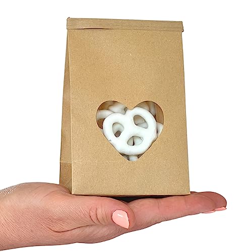 BR Market Kraft Paper Treat Bags - Extra Small with Heart Window, 50 Pcs, 3.3 x 5.5 x 2 Inch, Tin Tie Tab Lock, Brown Window, Perfect for Cookies, Coffee, Weddings